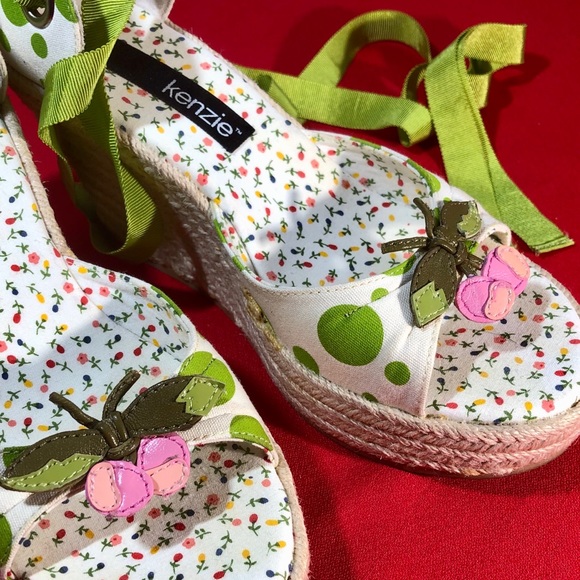 kenzie | Shoes | Kenzie Polka Dot White Pink Green Wedge Tie Heel 6 ...